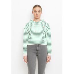 Kapuzensweatshirt Pieces "PCCHILLI LS HOODIE STRIPES EMB NOOS BC", Damen, Gr. L, weiß (cloud dancer stripes:parakeet, heart emb), Sweatware, Obermaterial: 50% Baumwolle, 50% Polyester, bedruckt, gestreift, regular fit normal, Rundhals, Bündchen, Sweatshirts