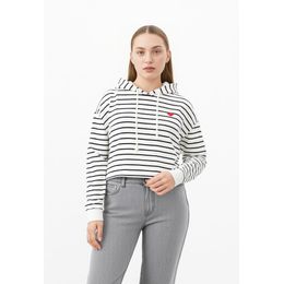 Kapuzensweatshirt Pieces "PCCHILLI LS HOODIE STRIPES EMB NOOS BC", Damen, Gr. M, weiß (cloud dancer stripes:schwarz, heart emb), Sweatware, Obermaterial: 50% Baumwolle, 50% Polyester, bedruckt, gestreift, regular fit normal, Rundhals, Bündchen, Sweatshirts