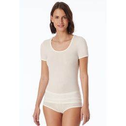 Kurzarmshirt Schiesser "Personal Fit", Damen, Gr. M, beige (naturweiß), Single Jersey, Obermaterial: 55% Viskose, 25% Polyester, 20% Elasthan, Casual, figurbetont hüftbedeckend, tiefer Rundhals, Shirts, Rundhalsausschnitt, Single Jersey, ohne störende Seitennähte