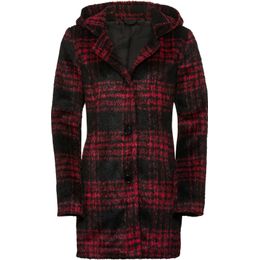 Damen Outdoorjacke in schmeichelnder Longform schwarz-rot-kariert, Gr&ouml;&szlig;e 38