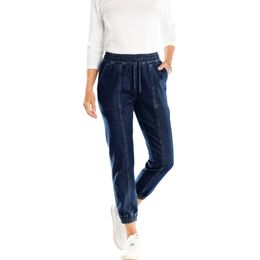 Damen 7/8-Jeans mit Gummib&uuml;ndchen am Saum dark blue, Gr&ouml;&szlig;e 50