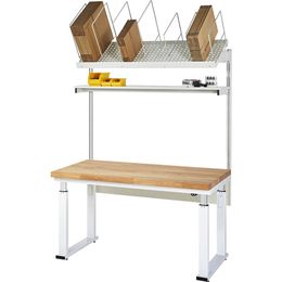 Rau Packtisch komplett 600, elektrisch höhenverstellbar, Set 1 mit Etagenbord, BxT 1500 x 700 mm, Buchenplatte