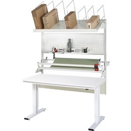 Rau Packtisch komplett 300, elektrisch höhenverstellbar, Set 3 mit Lochplatte, Schneidgerät, Abrolleinheit, BxT 1500 x 800 mm, Melaminplatte