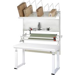 Rau Packtisch komplett 600, elektrisch höhenverstellbar, Set 3 mit Lochplatte, Schneidgerät, Abrolleinheit, BxT 1500 x 700 mm, Hartlaminatplatte