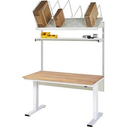 Rau Packtisch komplett 300, elektrisch höhenverstellbar, Set 1 mit Etagenbord, BxT 1500 x 1000 mm, Buchenplatte
