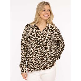 Hoodie Zwillingsherz ""Leo AOP"", Damen, Gr. S/M, beige, Jersey, Obermaterial: 50% Baumwolle, 50% Polyester, mehrfarbig, hüftbedeckend, V-Ausschnitt, Sweatshirts, Leo-Design, V-Ausschnitt, Kapuze