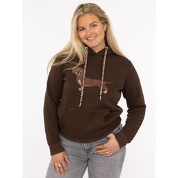 Hoodie Zwillingsherz ""Dackel"", Damen, Gr. S/M, braun (dunkelbraun), angeraute Sweatware, Obermaterial: 50% Baumwolle, 50% Polyester, unifarben, Sweatshirts, Stickerei vorne, weiche Fleeceinnenseite, bedruckte Kordel, Topseller