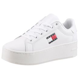 Plateausneaker Tommy Jeans "TJW FLATFORM SNEAKER", Damen, Gr. 41, weiß, Leder, Textil, unifarben, Schuhe, Freizeitschuh, Halbschuh, Schnürschuh mit Schaftrandpolsterung