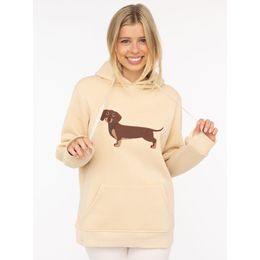 Hoodie Zwillingsherz ""Dackel"", Damen, Gr. L/XL, beige, angeraute Sweatware, Obermaterial: 50% Baumwolle, 50% Polyester, unifarben, Sweatshirts, Stickerei vorne, weiche Fleeceinnenseite, bedruckte Kordel