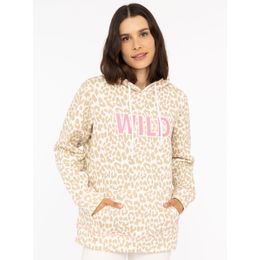 Hoodie Zwillingsherz ""Leo Pastell"", Damen, Gr. L/XL, beige, angeraute Sweatware, Obermaterial: 50% Baumwolle, 50% Polyester, gemustert, mehrfarbig, Modisch, ohne Ausschnitt, Sweatshirts, Leomuster und WILD Applikation, Kapuze, Tasche, Baumwollmischung