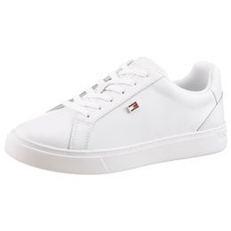 Sneaker Tommy Hilfiger "FLAG COURT SNEAKER", Damen, Gr. 36, weiß, Leder, unifarben, Schuhe, Schnürschuh, Halbschuh, Freizeitschuh mit edlem TH-Logoemblem