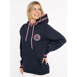 Hoodie Zwillingsherz ""Happy Days"", Damen, Gr. S/M, marine, angeraute Sweatware, Obermaterial: 50% Baumwolle, 50% Polyester, unifarben mit Farbeinsätzen, bequem, ohne Ausschnitt, angesetztes Bündchen, Sweatshirts, gestickte pinke Details, Kapuze, Kordelzug, Tasche vorne, Rippbündchen