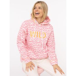 Hoodie Zwillingsherz ""Leo Pastell"", Damen, Gr. L/XL, pink, angeraute Sweatware, Obermaterial: 50% Baumwolle, 50% Polyester, gemustert, mehrfarbig, ohne Ausschnitt, Sweatshirts, Leomuster und WILD Applikation, Kapuze, Tasche, Baumwollmischung