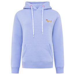Hoodie Zwillingsherz ""Kleiner Dackel"", Damen, Gr. L/XL, blau (mittelblau), angeraute Sweatware, Obermaterial: 50% Baumwolle, 50% Polyester, unifarben, Modisch, Sweatshirts, "Dackel"-Stickerei, bedruckter Kordelzug, Kängurutasche