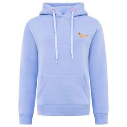 Hoodie Zwillingsherz ""Kleiner Dackel"", Damen, Gr. L/XL, blau (mittelblau), angeraute Sweatware, Obermaterial: 50% Baumwolle, 50% Polyester, unifarben, Modisch, Sweatshirts, "Dackel"-Stickerei, bedruckter Kordelzug, Kängurutasche