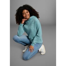 Kapuzensweatshirt Kangaroos, Damen, Gr. 32/34, blaugrün, angeraute Sweatware, Obermaterial: 60% Baumwolle, 40% Polyester, lässig geschnitten hüftbedeckend, Rippbündchen, Sweatshirts, mit Druckknöpfen am Saum