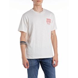 T-Shirt Replay, Herren, Gr. XXL, wei&szlig; (butter wei&szlig;), Jersey, Obermaterial: 100% Baumwolle, bedruckt, meliert, regular fit, Rundhals, abgesteppte Kante, Shirts T-Shirt, mit R&uuml;ckenprint