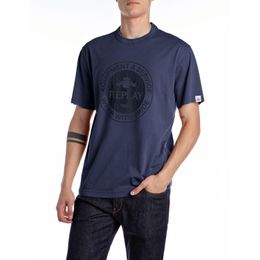 T-Shirt Replay, Herren, Gr. XXL, blau (medium blau), Jersey, Obermaterial: 100% Baumwolle, regular fit, Rundhals, abgesteppte Kante, Shirts T-Shirt, mit rundem Aufdruck vorn