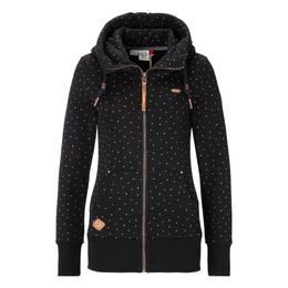 Kapuzensweatjacke Ragwear "NESKA DOTS MULTICOLOR ZIP O", Damen, Gr. S, schwarz, Sweatware, Obermaterial: 100% Baumwolle, bedruckt, gepunktet, kontrastfarbene Details, mehrfarbig, relaxed fit Po-bedeckend, ohne Ausschnitt, Rippbündchen, Sweatjacken, Longsleeve Jacke im Multicolor-Allover-Dots-Print-Design