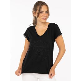 T-Shirt Zwillingsherz ""Positive Mind"", Damen, Gr. L/XL (L/XL), schwarz, Stoff, Obermaterial: 100% Baumwolle, h&uuml;ftbedeckend, V-Ausschnitt, Shirts T-Shirt, V-Ausschnitt, Kurzarm, Used-Look, Baumwolle, ausgefranste Kanten