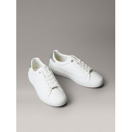 Sneaker Calvin Klein "LACE UP SNEAKER W/SILVER BT CK", Damen, Gr. 41, silber (weiß, silberfarben), Leder, unifarben mit Farbeinsatz, Schuhe, Schnürschuh, Halbschuh, Freizeitschuh mit gepolstertem Schaftrand