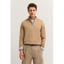 Troyer Bugatti "Regular Fit", Herren, Gr. XL, beige (40, beige), Sweatware, 95% Baumwolle, 5% Kaschmir, unifarben, regular fit, ohne Ausschnitt, Rippb&uuml;ndchen, Pullover Troyer, aus Baumwolle-Kaschmir mit Rei&szlig;verschluss