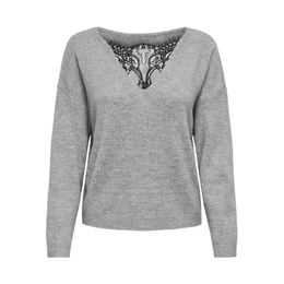 Rundhalspullover Only "ONLANJA LS LACE MIX O-NECK ZL KNT", Damen, Gr. S, light grau melange detail:schwarz lace, Feinstrick, Obermaterial: 75% Polyacryl, 22% Polyester, 3% Elasthan, unifarben mit Farbeinsatz, Rundhals, Pullover, mit Spitzeneinsatz am Rückenausschnitt