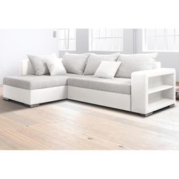 Collection AB Ecksofa »John L-Form« Regalarmlehne, Bettfunktion, Bettkasten, Ottomane beiseitig montierbar weiß/natur