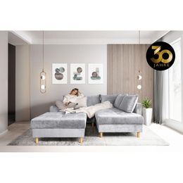 Collection AB Ecksofa »Reims L-Form« Ottomane beidseitig montierbar, inkl. Bettfunktion und Hocker hellgrau