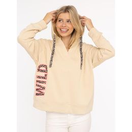 Zwillingsherz Damen Hoodie &raquo;"Wild"&laquo;, V-Ausschnitt, Leo Applikation: WILD, Kapuze und Leo-Kordelzug beige S/M