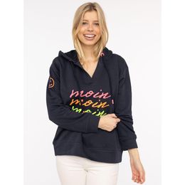 Zwillingsherz Damen Hoodie &raquo;"Moin Moin Moin"&laquo;, V-Ausschnitt, bunte Stickerei, Kapuze, Kordelzug blau S/M