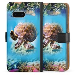 DeinDesign Google Pixel 7 Handy Klapph&uuml;lle Handyh&uuml;lle aus Kunst Leder schwarz Flip Case Turtle Ocean Animals Sideflip mit langer Lasche