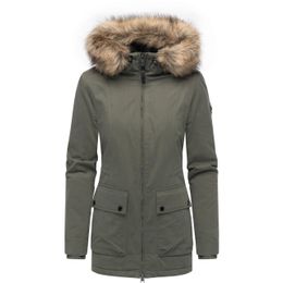 Kurzmantel Ragwear "Monadetta Warm", Damen, Gr. L (40), grün (olivgrün), Obermaterial: 74% Baumwolle, 26% Nylon, Innenfutter: 100% Polyester, Wattierung: 100% Polyester, Basic, figurumspielend Po-bedeckend, hoch geschlossener Ausschnitt, Ärmel ohne Ärmelschlitz elastischer Bund krempelbar, Mäntel, Kurzer Wintermantel mit Kunstfellbesatz