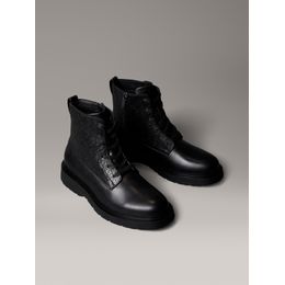 Schnürboots Calvin Klein "COMBAT ESS LACE UP ZIP BOOT AOP", Herren, Gr. 43, schwarz, Leder, unifarben, Schuhe, Schnürstiefelette, Boots mit Monogramm-Print am Schaft