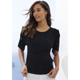 Rundhalsshirt Lascana "mit variabler &Auml;rmell&auml;nge", Damen, Gr. 32/34, schwarz, Single Jersey, Obermaterial: 95% Viskose (LENZING&trade; ECOVERO&trade;), 5% Elasthan, unifarben, bequem, Rundhals, verstellbar, Shirts Rundhalsshirt, aus weichem Viskose-Stretch