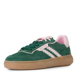Plateausneaker Tamaris, Damen, Gr. 41, gr&uuml;n kombiniert, Lederimitat, Veloursleder, unifarben mit Farbeinsatz, Schuhe Plateausneaker, Freizeitschuh, Halbschuh, Schn&uuml;rschuh mit Kontrastbesatz