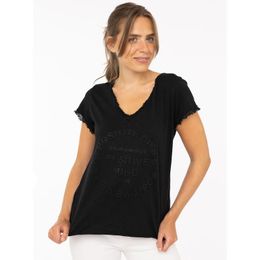 Zwillingsherz Damen T-Shirt &raquo;"Positive Mind"&laquo; V-Ausschnitt, Kurzarm, Used-Look, Baumwolle, ausgefranste Kanten schwarz SM (S/M)