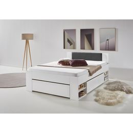 Stauraumbett Relita "Stefan mit großen Schubladen u. Nako auf Rollen", weiß (weiß, weiß, weiß, absatz in kunstleder, optik schwarz), B:143cm H:80cm L:203cm, Betten, mit komfortabler Liegehöhe, in 2 Breiten und 2 Farben erhältlich