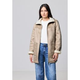 Ledermantel STREET ONE STUDIO, Damen, Gr. 44, beige (reef sand), Obermaterial: 100% Polyester; Teddy-Details: 100% Polyester, unifarben, comfort fit ca. Mitte Oberschenkel, hoch geschlossener Ausschnitt, normaler Saum, Mäntel