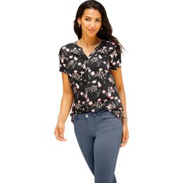 Damen Schlupfbluse im floralen Dessin schwarz-flamingo-bedruckt, Gr&ouml;&szlig;e 56