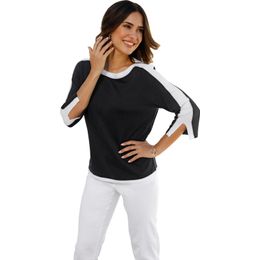 Damen 3/4-Arm-Pullover mit kontrastfarbenen Details schwarz-wei&szlig;, Gr&ouml;&szlig;e 52