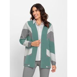 WITT Damen Jacquardstrickjacke in offener Longform, jade-steingrau-gemustert, Gr&ouml;&szlig;e 44