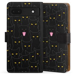 DeinDesign Google Pixel 6a Handy Klapphülle Handyhülle aus Kunst Leder schwarz Flip Case Eye Cat Muster Sideflip mit langer Lasche