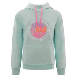 Sweatshirt Zwillingsherz, Damen, Gr. L-XL, blau (türkis), Sweatware, Obermaterial: 80% Baumwolle, 20% Polyester, unifarben, normal normal, ohne Ausschnitt, angesetztes Bündchen, Sweatshirts, in Pastell mit neonfarbener "Love Yourself" Stickerei & pinker Kordel