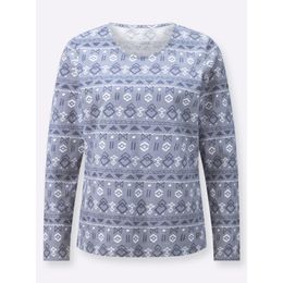 WITT Damen Print-Shirt mit paspeliertem Rundhals-Ausschnitt, taubenblau-bedruckt, Gr&ouml;&szlig;e 40
