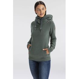 Kapuzensweatshirt Ragwear "GRIPYBUTTON", Damen, Gr. M, grün (pine grün), Sweatware, Obermaterial: 70% Baumwolle, 30% Polyester, kontrastfarbene Details, unifarben, figurbetont hüftbedeckend, Rundhals, Rippbündchen, Sweatshirts, Sweater mit rustikalen Kordel-Akzenten