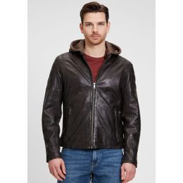 Lederjacke Mauritius "Rylo LAKEV", Herren, Gr. XL, braun (schwarz braun), Obermaterial: 100% Schafsleder. Futter: 100% Baumwolle. Ärmelfutter: 100% Polyester. Kapuze: 55% Baumwolle, 45% Polyester, kontrastfarbene Details, unifarben, Modisch, regular fit kurz, eingesetzt abgesteppt, Jacken, Reißverschluss, Reißverschlusstaschen