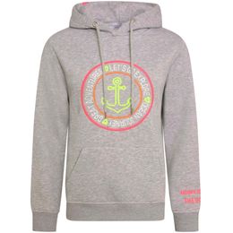 Kapuzensweatshirt Zwillingsherz, Damen, Gr. SM, grau (hellgrau, meliert), Sweatware, Obermaterial: 50% Baumwolle, 50% Polyester, meliert, Modisch, bequem hüftbedeckend, V-Ausschnitt, Sweatshirts, mit Ankeraufstick und neonfarbenen Details