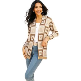 Damen Strickjacke in mehrfarbigem Jacquardmuster camel-schoko-gemustert, Gr&ouml;&szlig;e 50