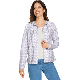 Damen Sweatjacke mit silberfarbenen Galonstreifen wei&szlig;-hellgrau-bedruckt, Gr&ouml;&szlig;e 52